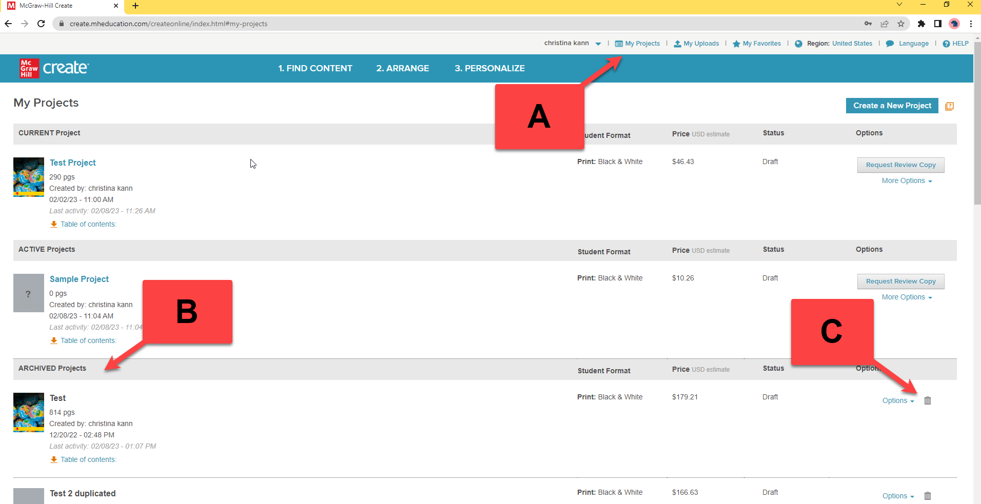 CREATE Help: How do I delete a project?