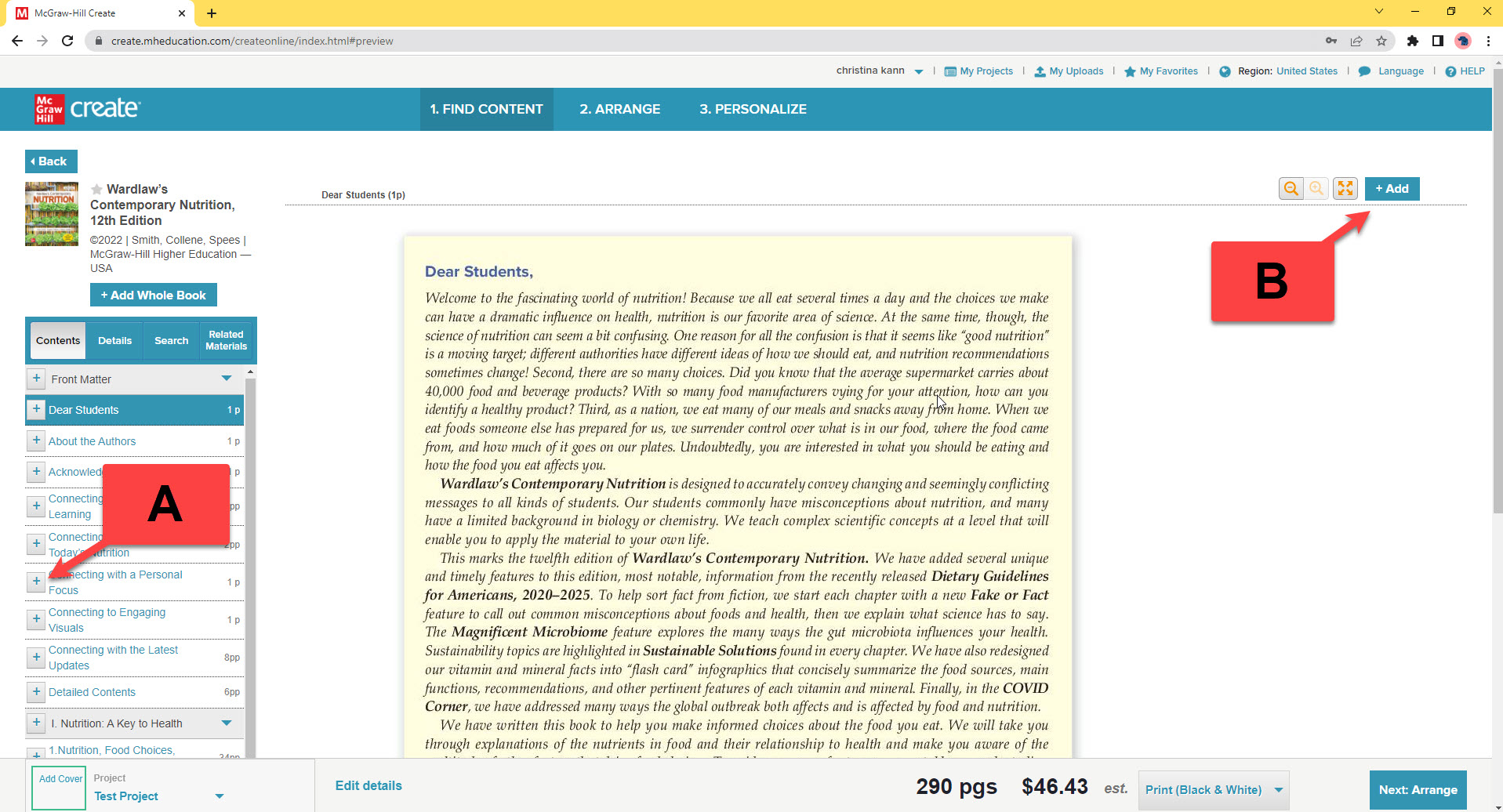 CREATE Help: How do I select only chapters or sections to add to my Project?